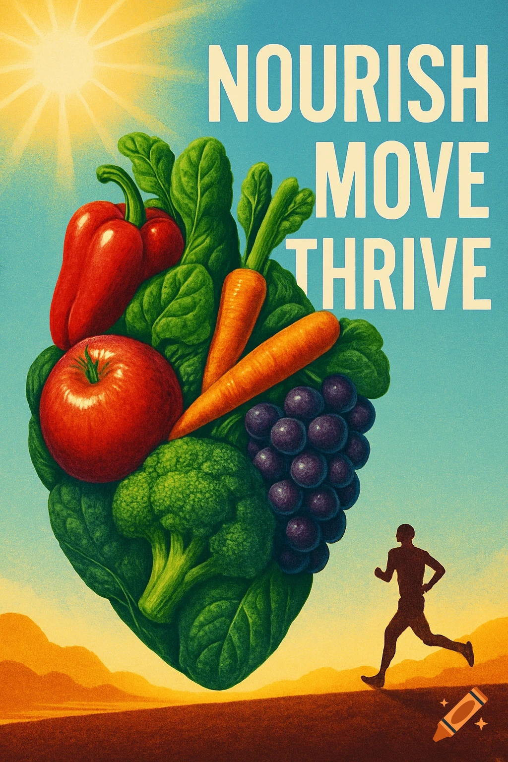 A vintage-style poster with "NOURISH MOVE THRIVE" text. It depicts a heart shape made of ...