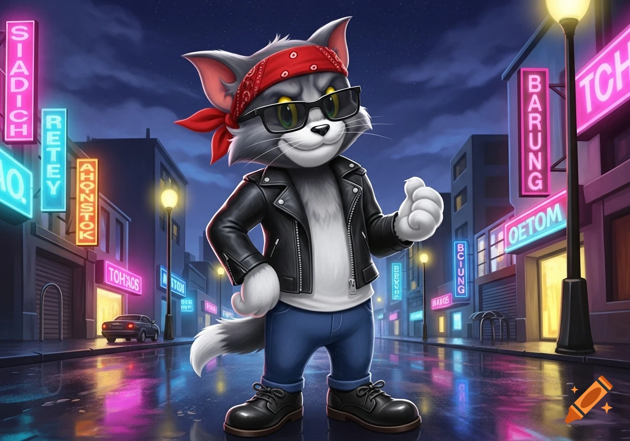Tom cat, wearing a red bandana, black leather jacket, white t-shirt ...