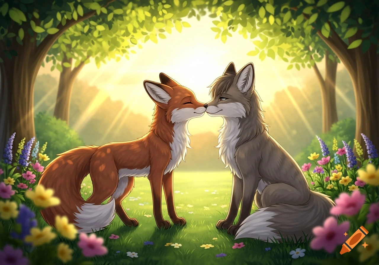 Two cartoon foxes nuzzle noses in a sunlit forest clearing with ...