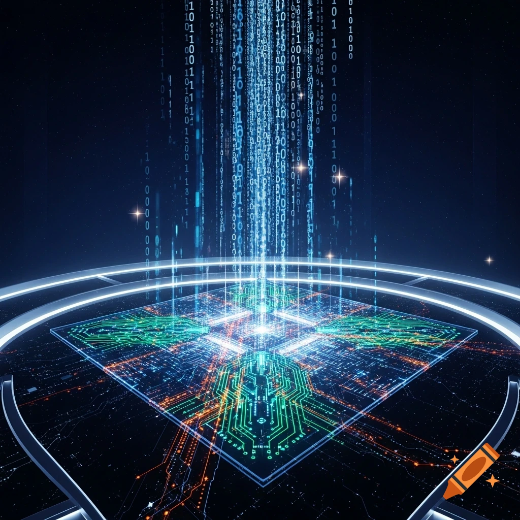 Blue binary code streams onto a glowing circuit board, representing ...