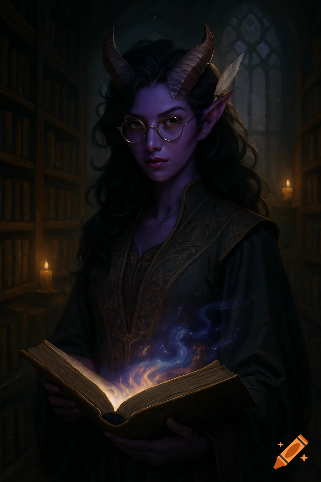 A purple-skinned tiefling woman with horns, glasses, and a quill, reads ...