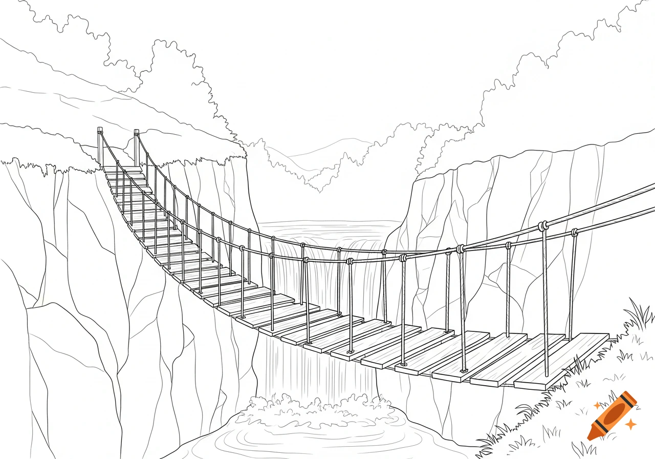 A simple line art sketch of a rope bridge spanning a waterfall between ...