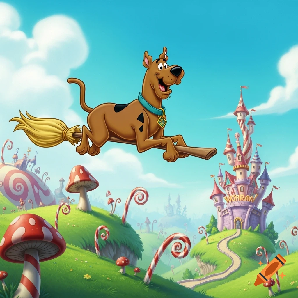 Scooby-Doo flying on a broomstick over a vibrant candy land with a castle, cartoon style. on Craiyon