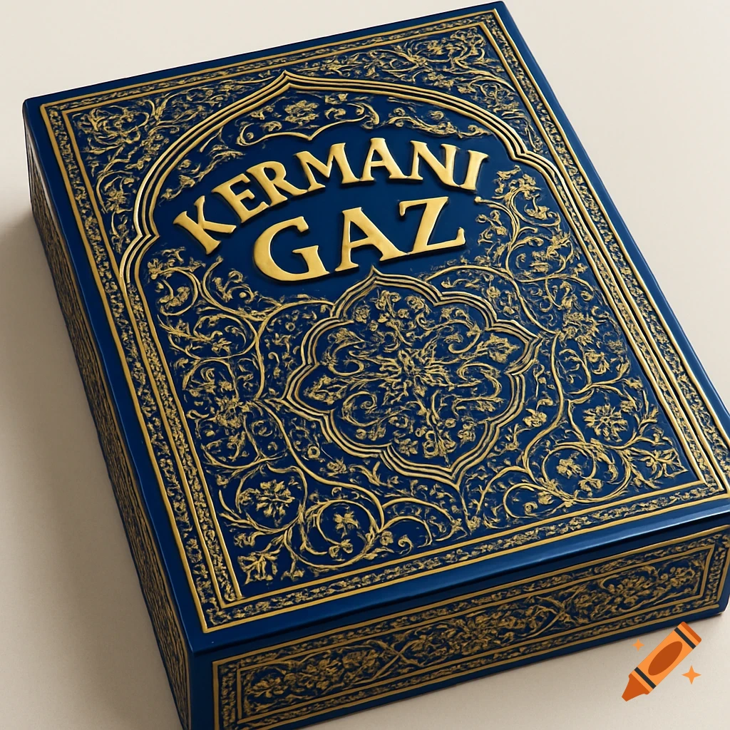 A blue box with intricate gold Islamic motifs and the text 'KERMANI GAZ ...
