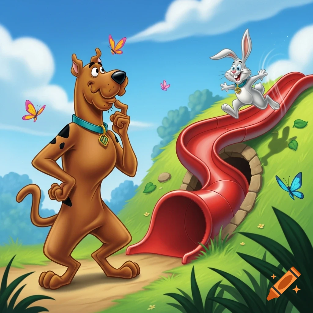 Scooby Doo, with a curious expression, watches a white rabbit on a red ...