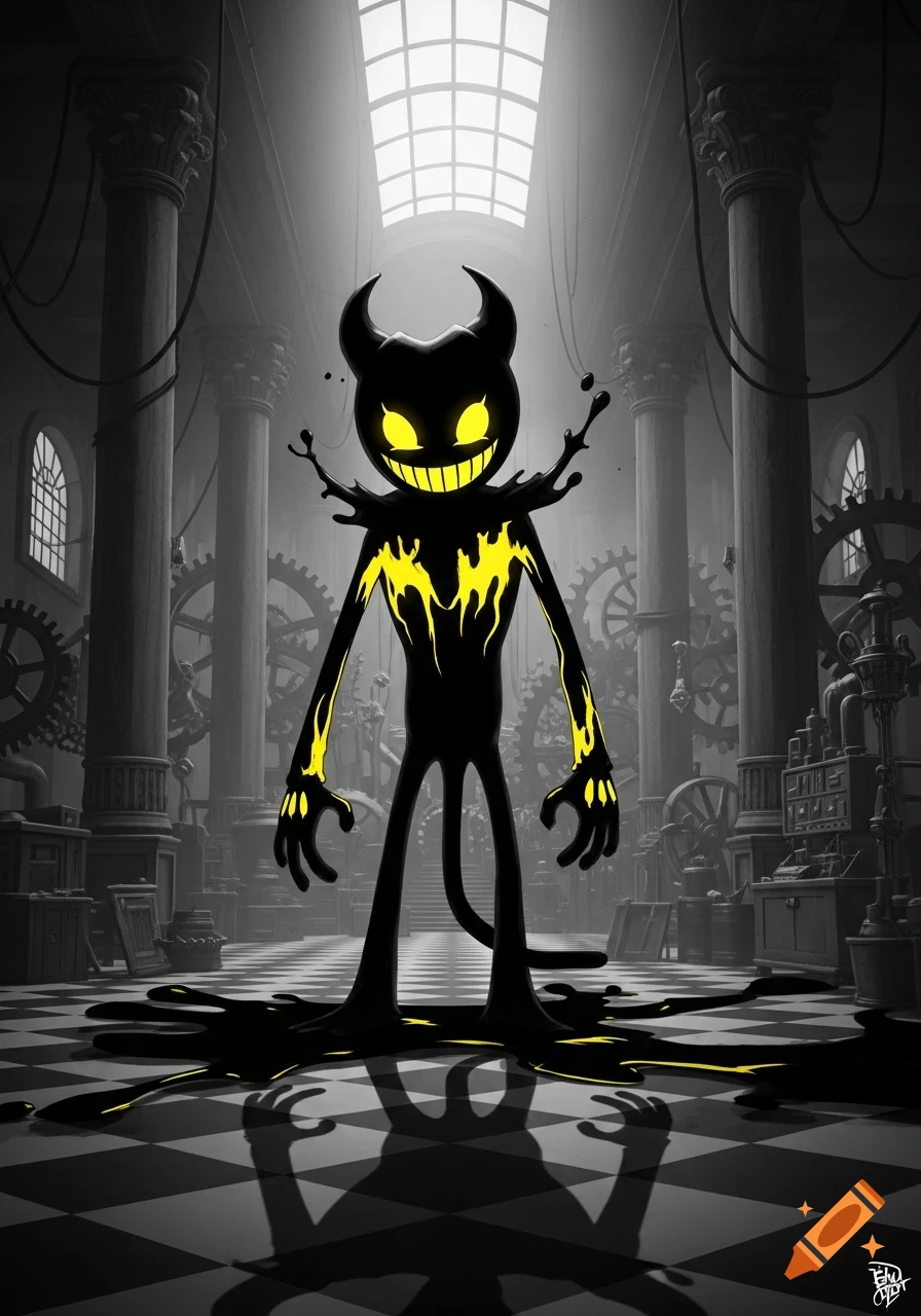 A black Ink Demon with glowing yellow eyes and features stands in a ...