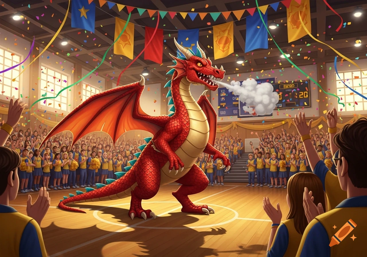 A large red dragon mascot breathing smoke in a school gymnasium with ...