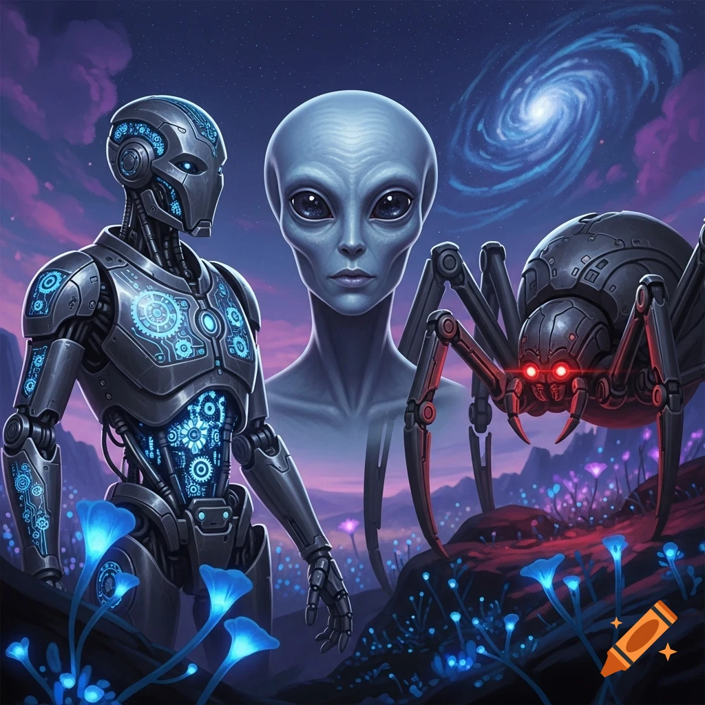 A robot, a grey alien, and a mechanical spider stand in an alien ...