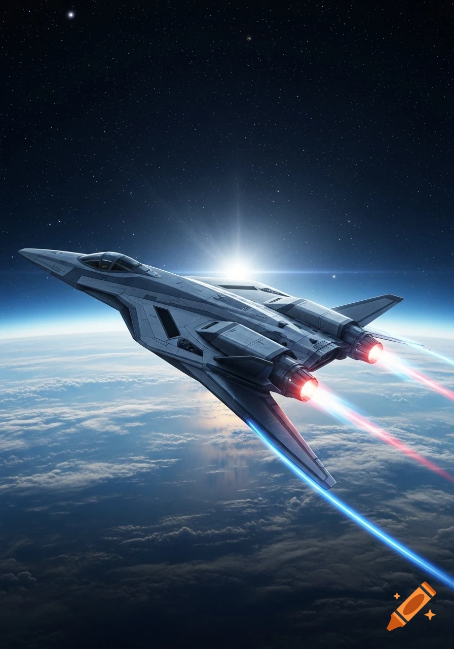 A sleek, futuristic grey space fighter ship flies above Earth's clouds ...