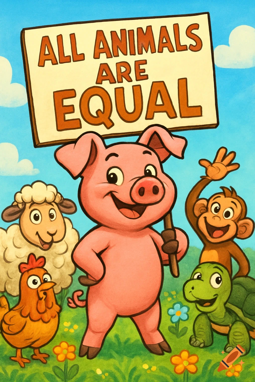 A smiling cartoon pig holds a sign reading 'All Animals Are Equal ...