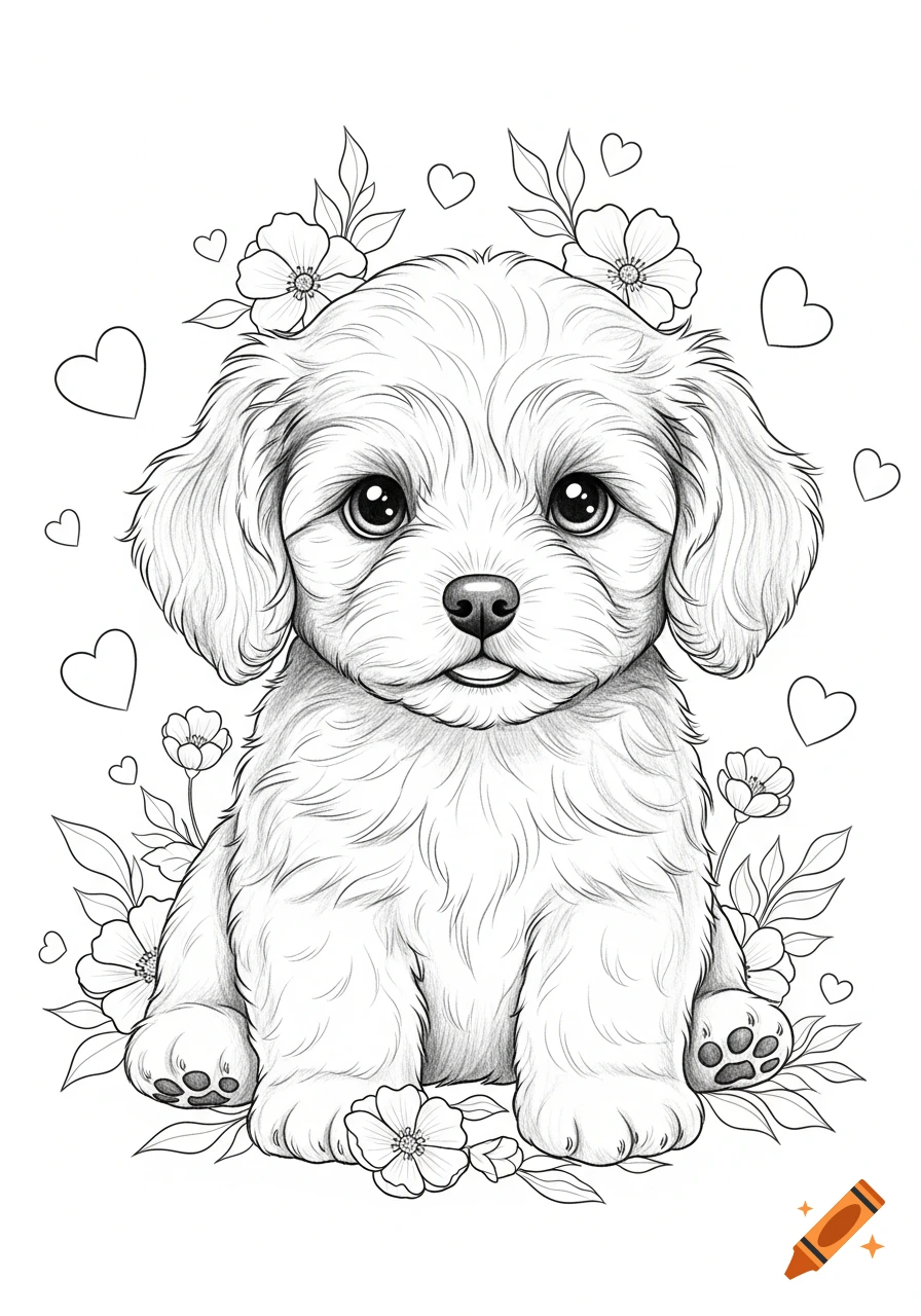 Pencil line drawing of a cute cavachon puppy sitting amidst flowers and ...