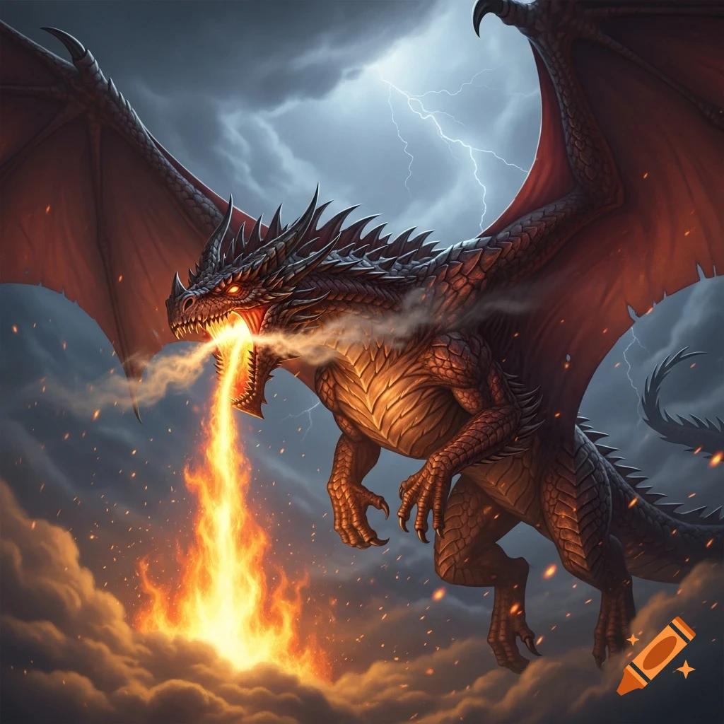A powerful fire-breathing dragon with red wings flies through a stormy ...
