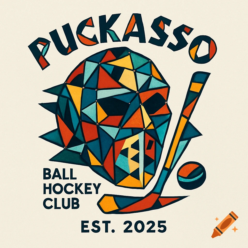 A colorful cubist style logo for Puckasso Ball Hockey Club featuring a ...