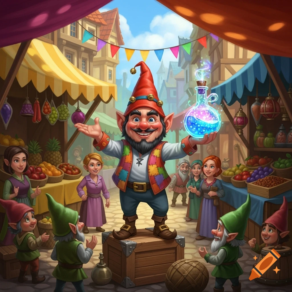 A charismatic gnome huckster stands on a crate in a vibrant fantasy ...