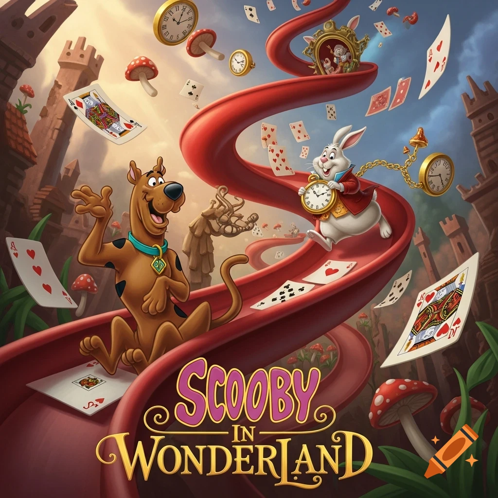 Scooby Doo slides down a red path in a whimsical Wonderland, waving as ...