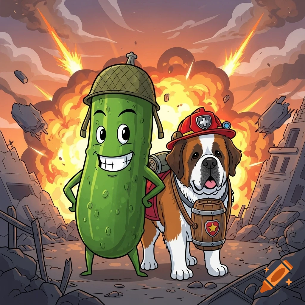 A cartoon pickle in a military helmet and a St. Bernard dog in a ...