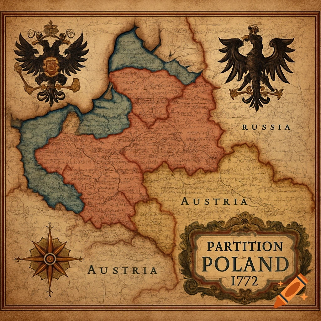An old, sepia-toned map showing the Partition of Poland in 1772, with ...
