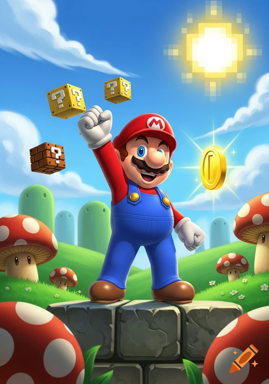 Mario raises his fist in a vibrant, cartoonish landscape with question ...