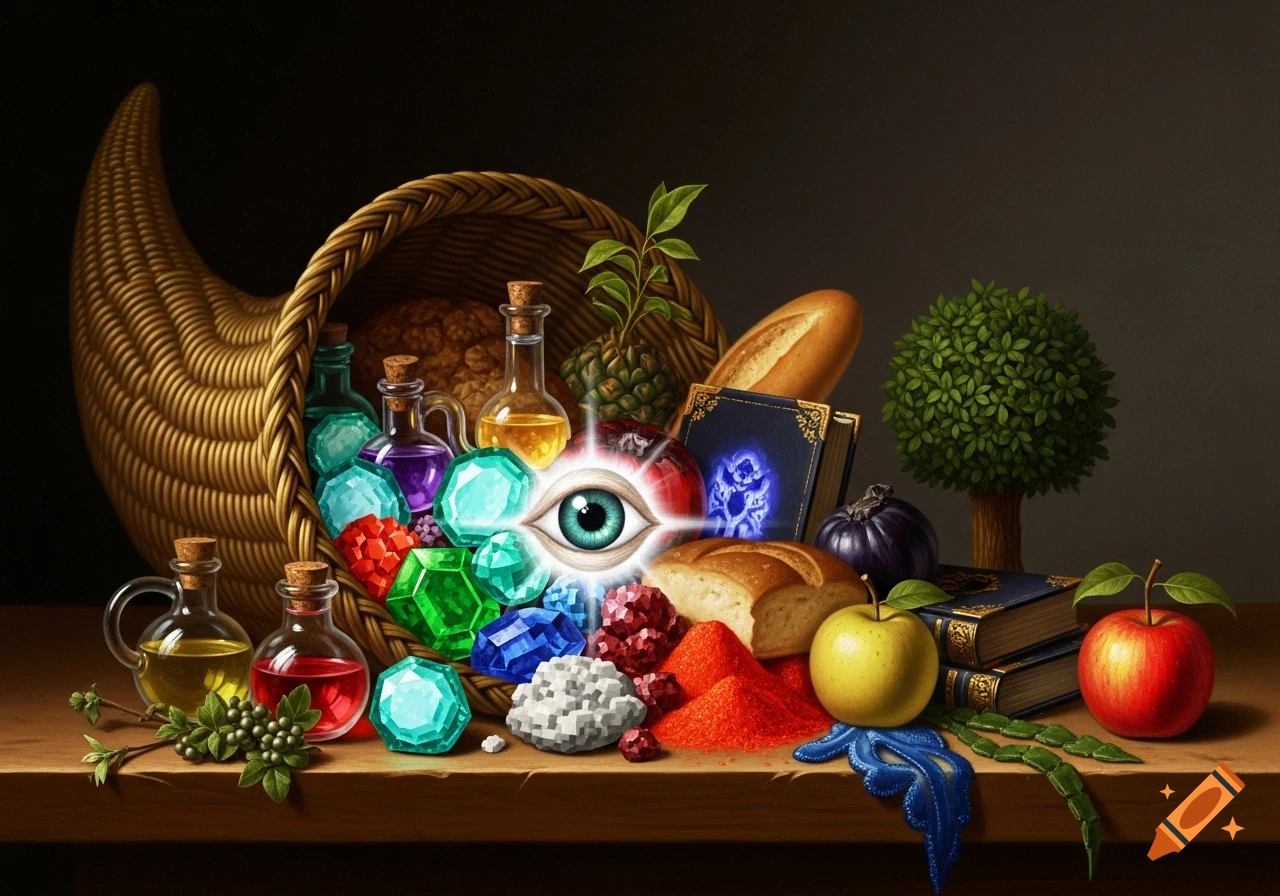 A realistic classical still life painting of a cornucopia spilling ...