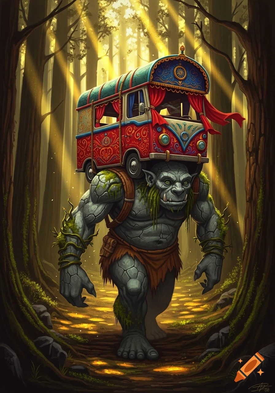 A grey, moss-covered troll carries an ornate red and blue hippie van on ...