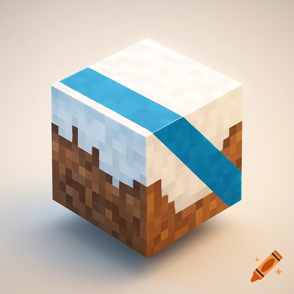 A pixelated cube, resembling a Minecraft dirt block with snow ...