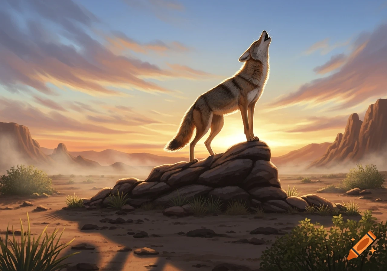 A coyote howls atop a rock at sunset in a vast desert landscape with ...