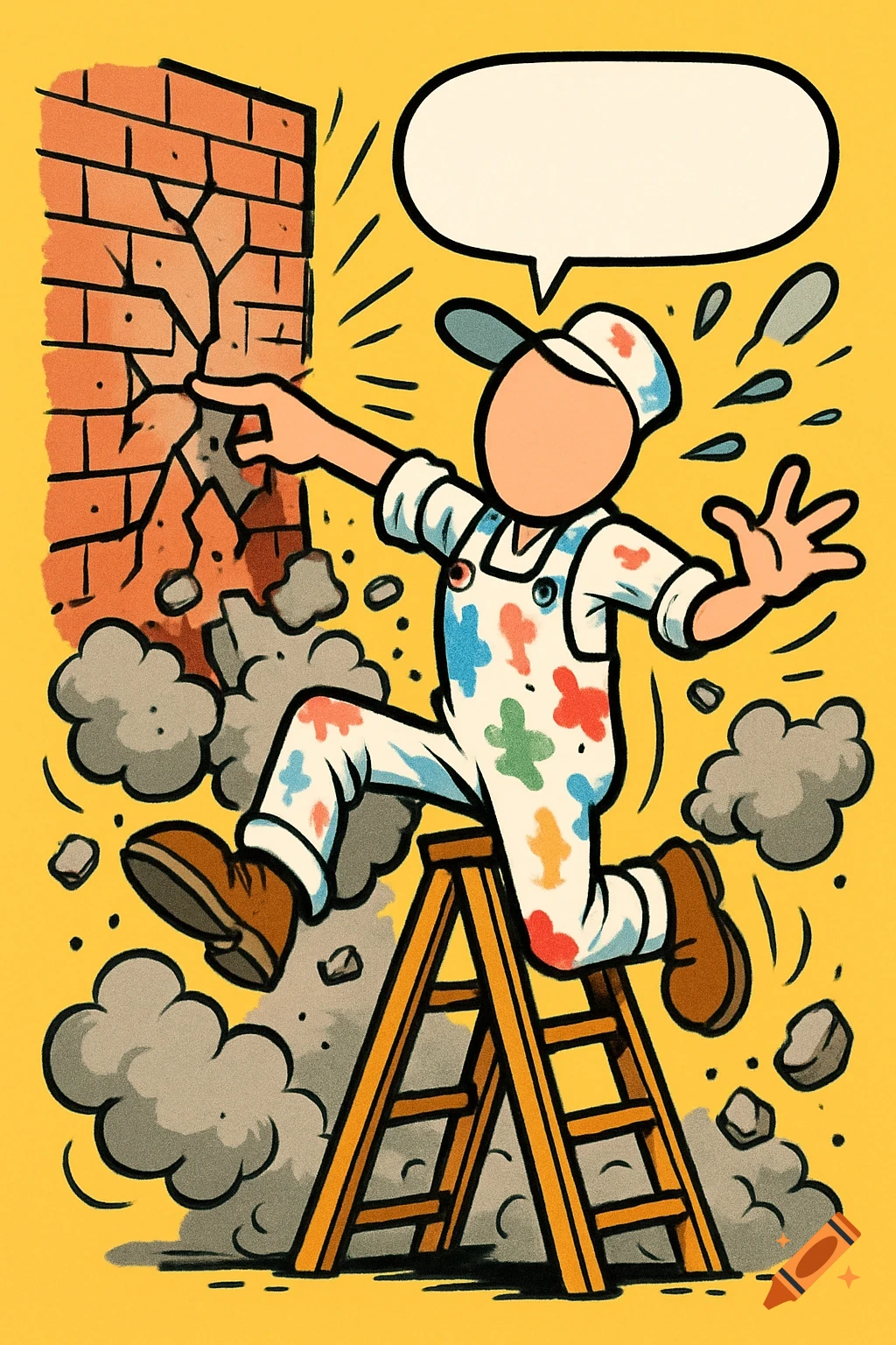 Cartoon painter in paint-splattered overalls on a ladder pokes a ...