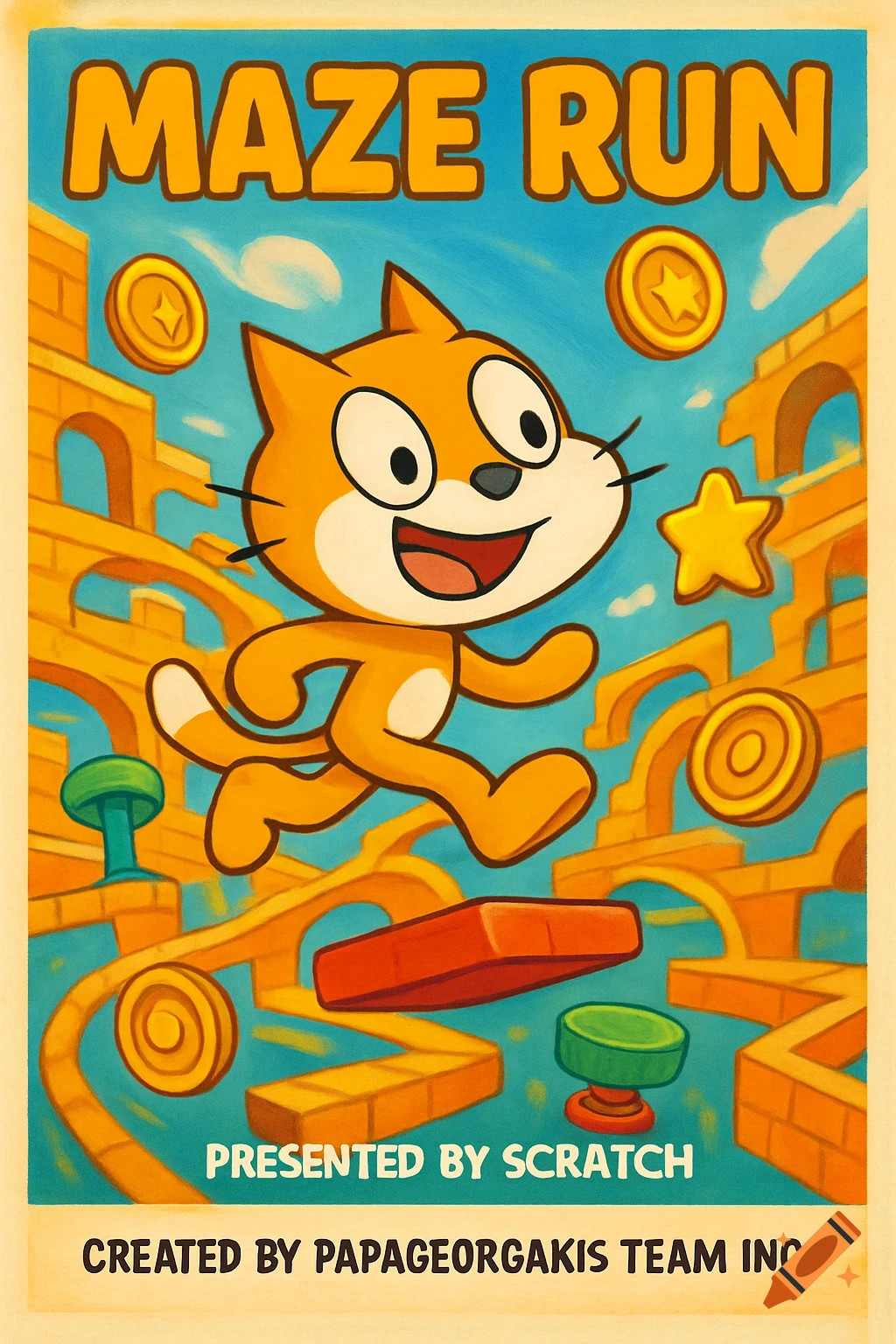 A colorful cartoon poster for "MAZE RUN" features an orange Scratch Cat ...