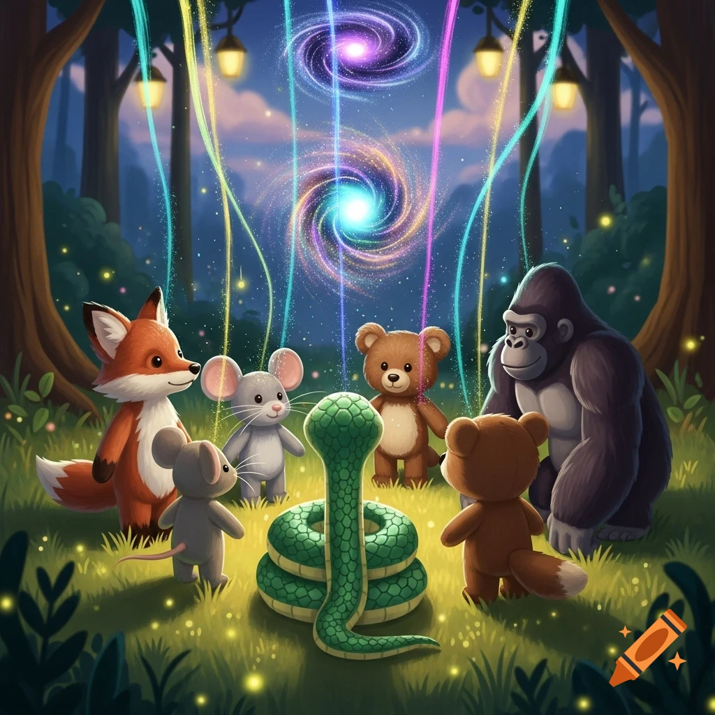 Cartoon stuffed animals, including a fox, mice, bears, a gorilla, and a ...
