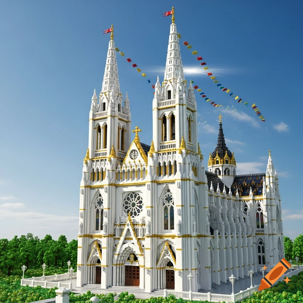 A grand white and gold Gothic cathedral built from Lego bricks, under a ...