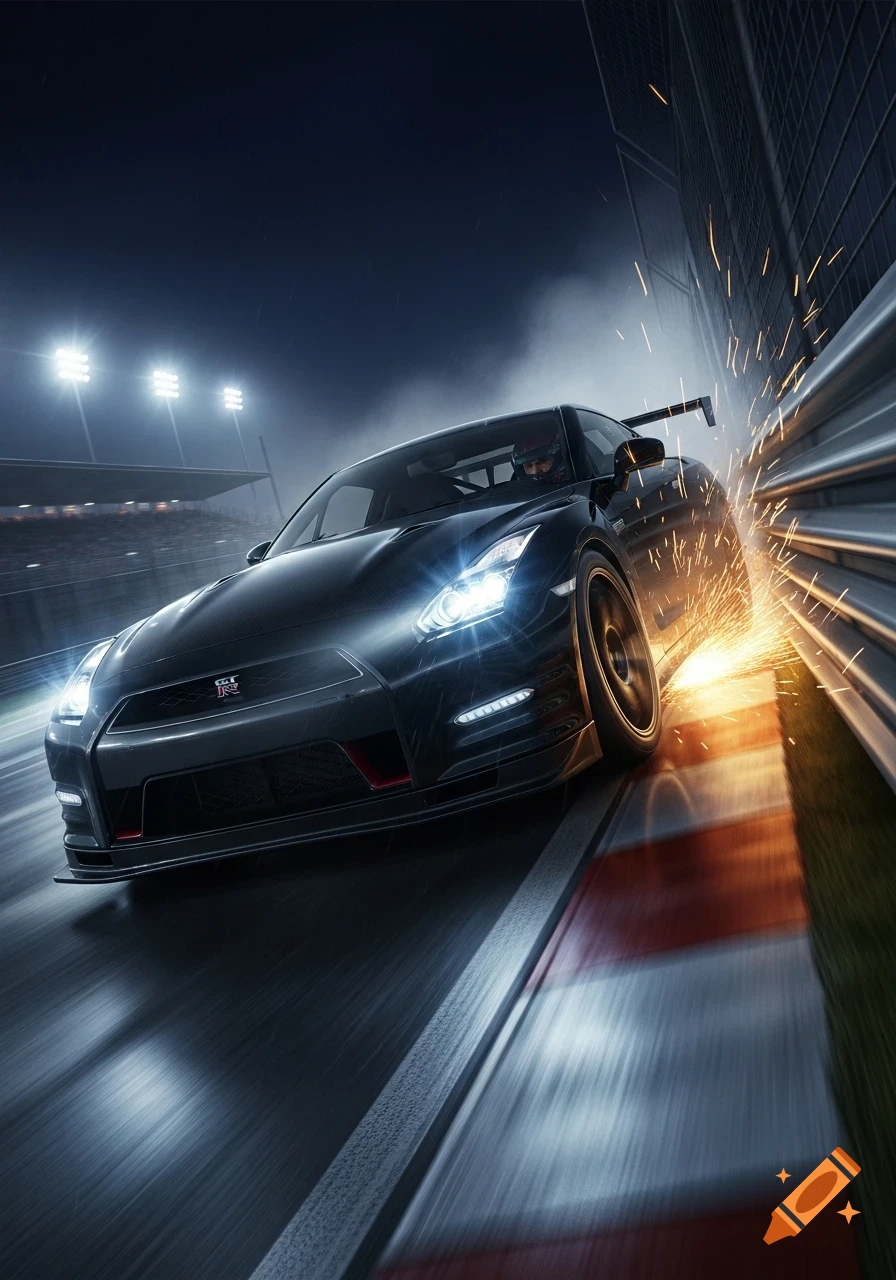 A dark Nissan GT-R race car skids, sparking against a barrier on a ...