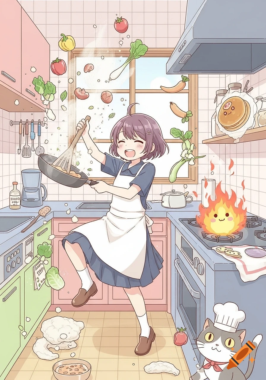 An anime-style illustration of a cheerful girl dancing in a chaotic ...