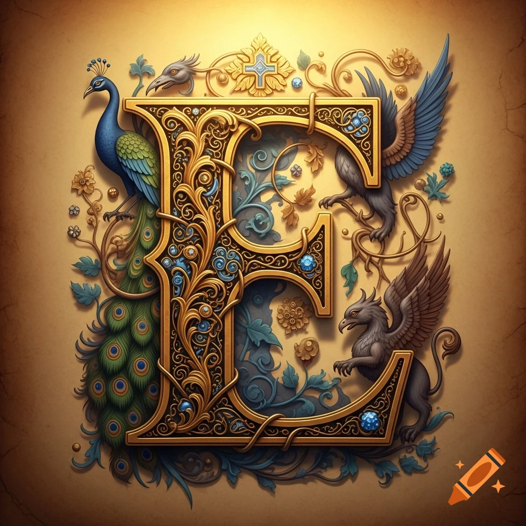 Ornate illuminated manuscript letter E featuring a peacock and two ...