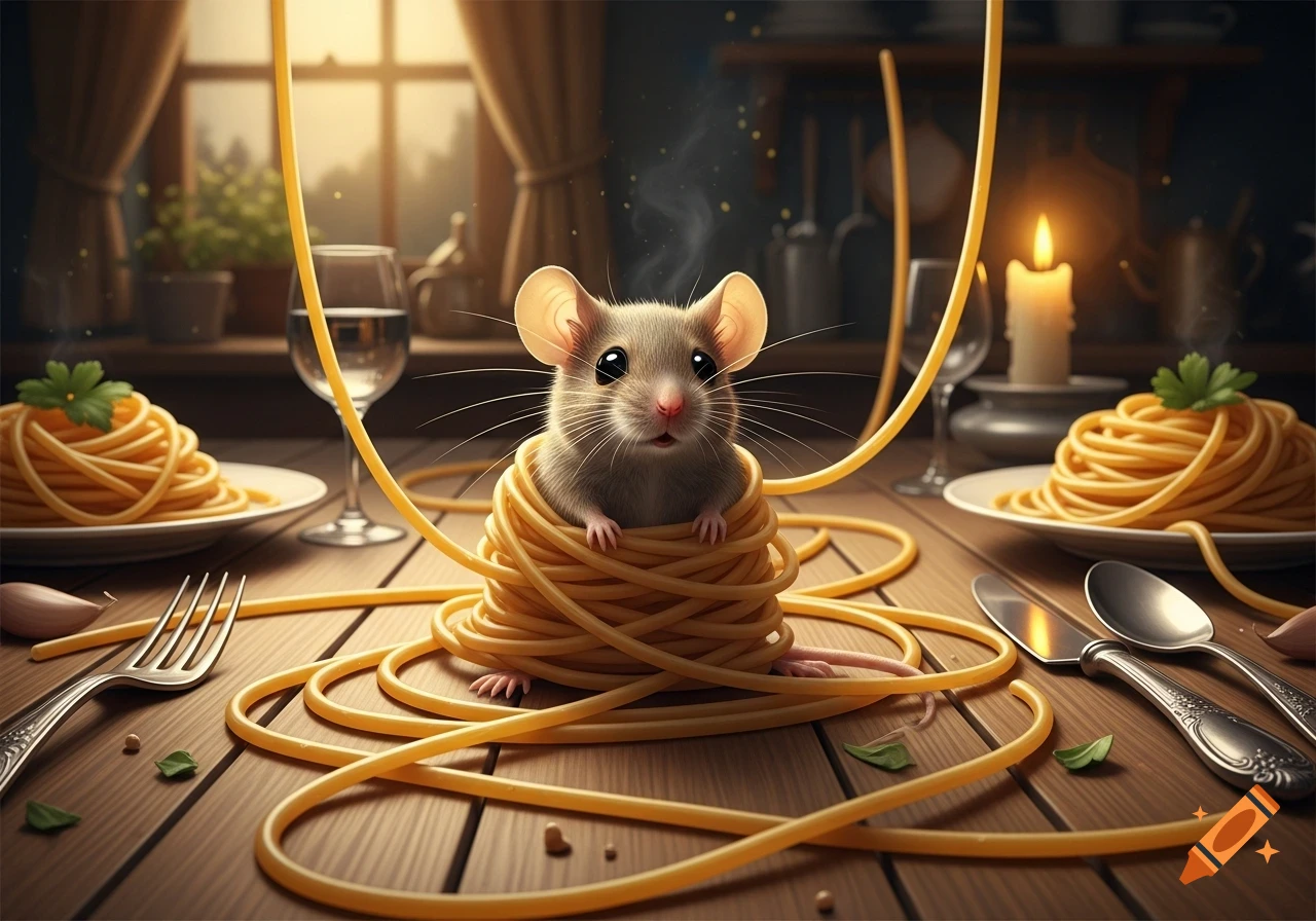 A cute mouse sits nestled in a tangle of spaghetti on a wooden dining ...