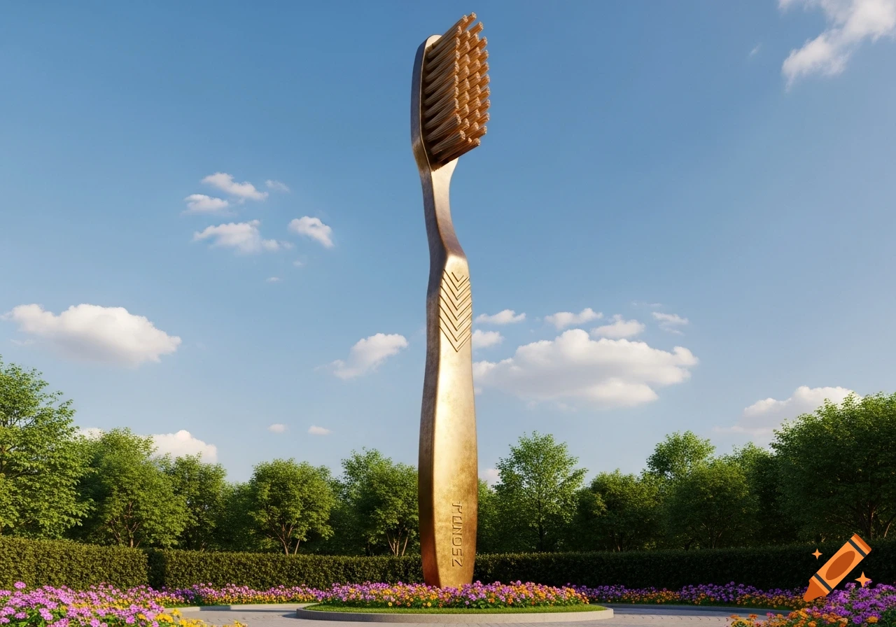 A giant bronze toothbrush sculpture stands tall in a lush park with ...