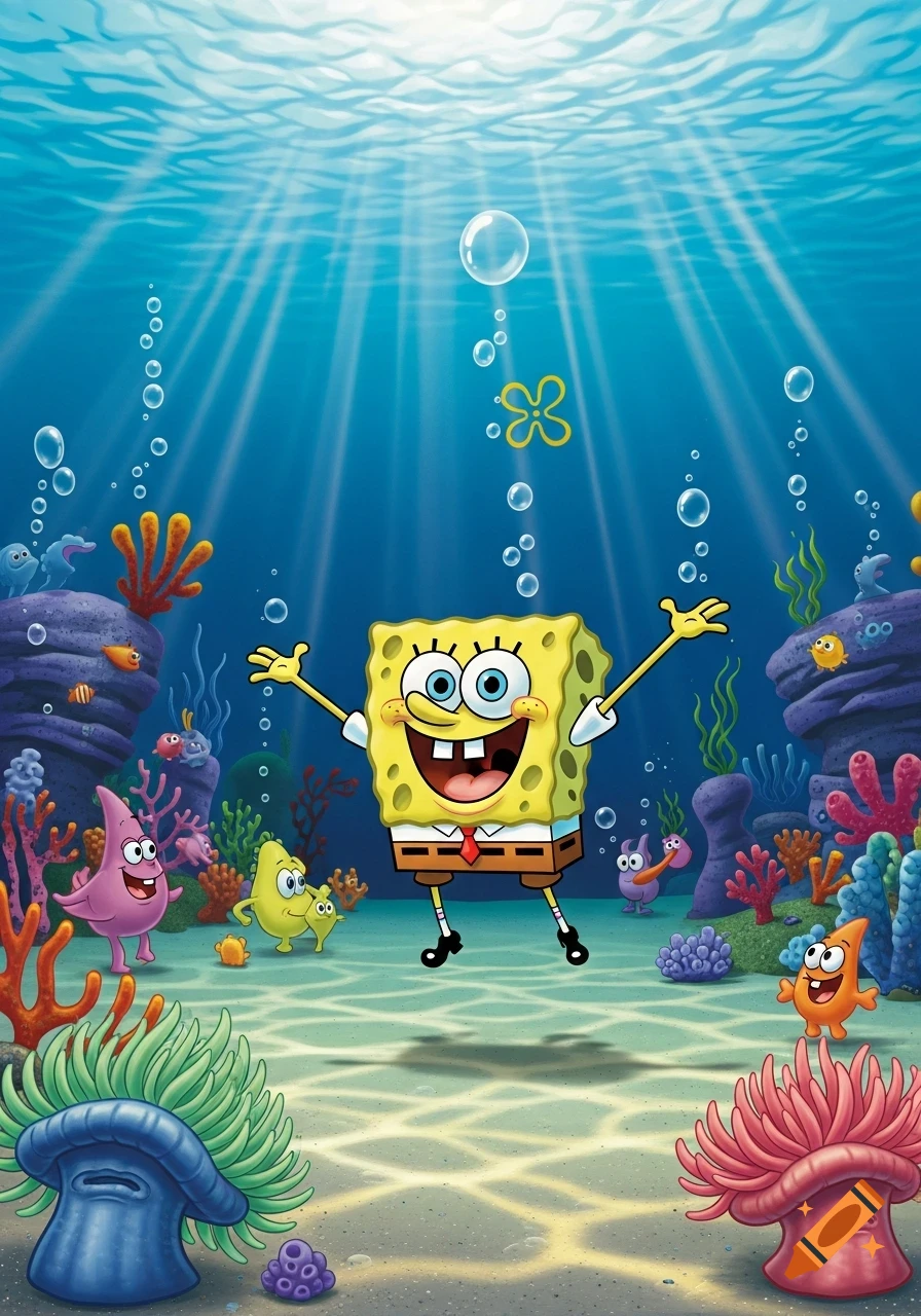 SpongeBob SquarePants happily dances underwater, surrounded by Patrick ...