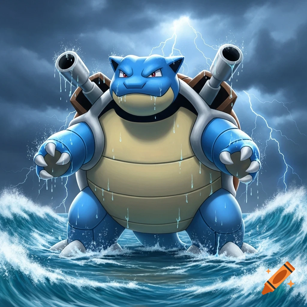 Blastoise, a blue turtle Pokémon with cannons on its shell, stands in ...