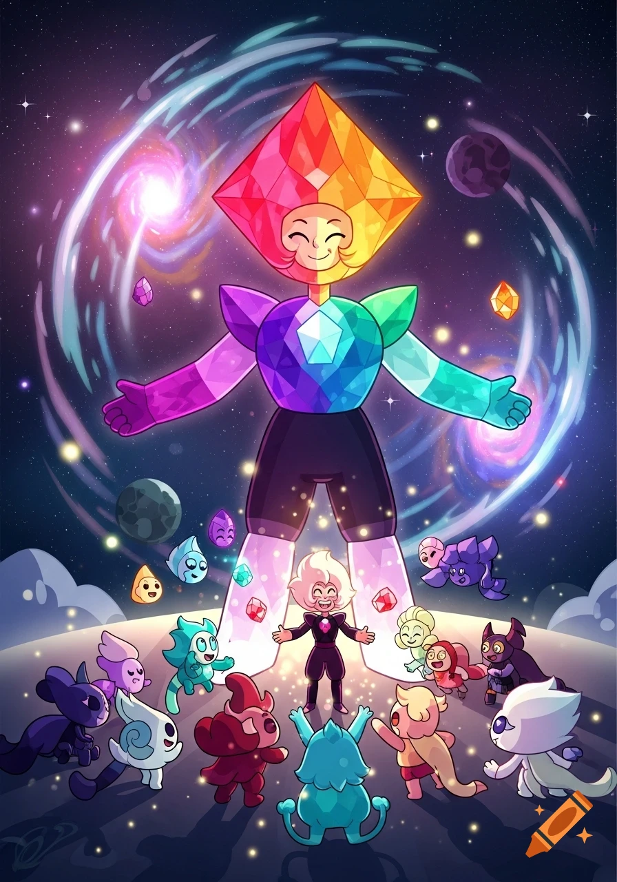 A towering, rainbow-faceted fusion character with a smiling face stands ...