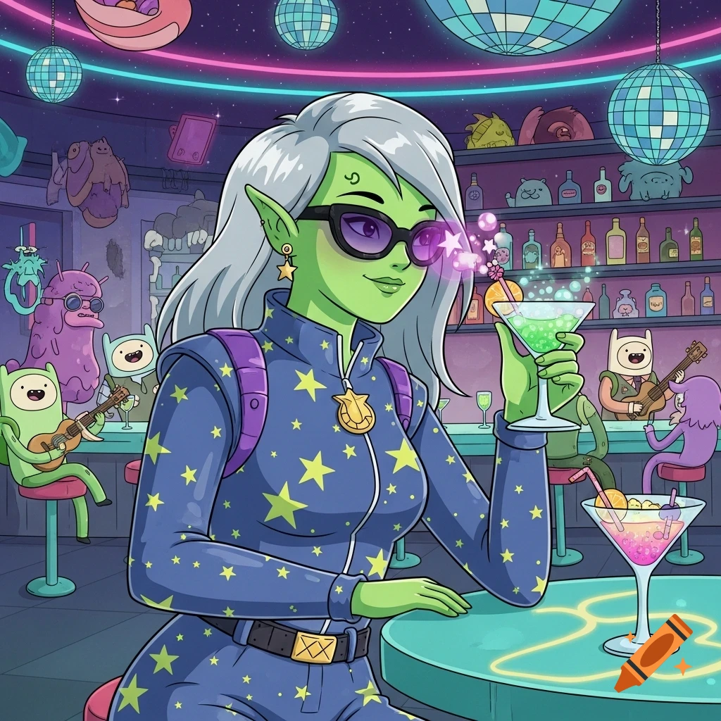 A green-skinned alien woman in a starry jumpsuit and sunglasses sips a ...