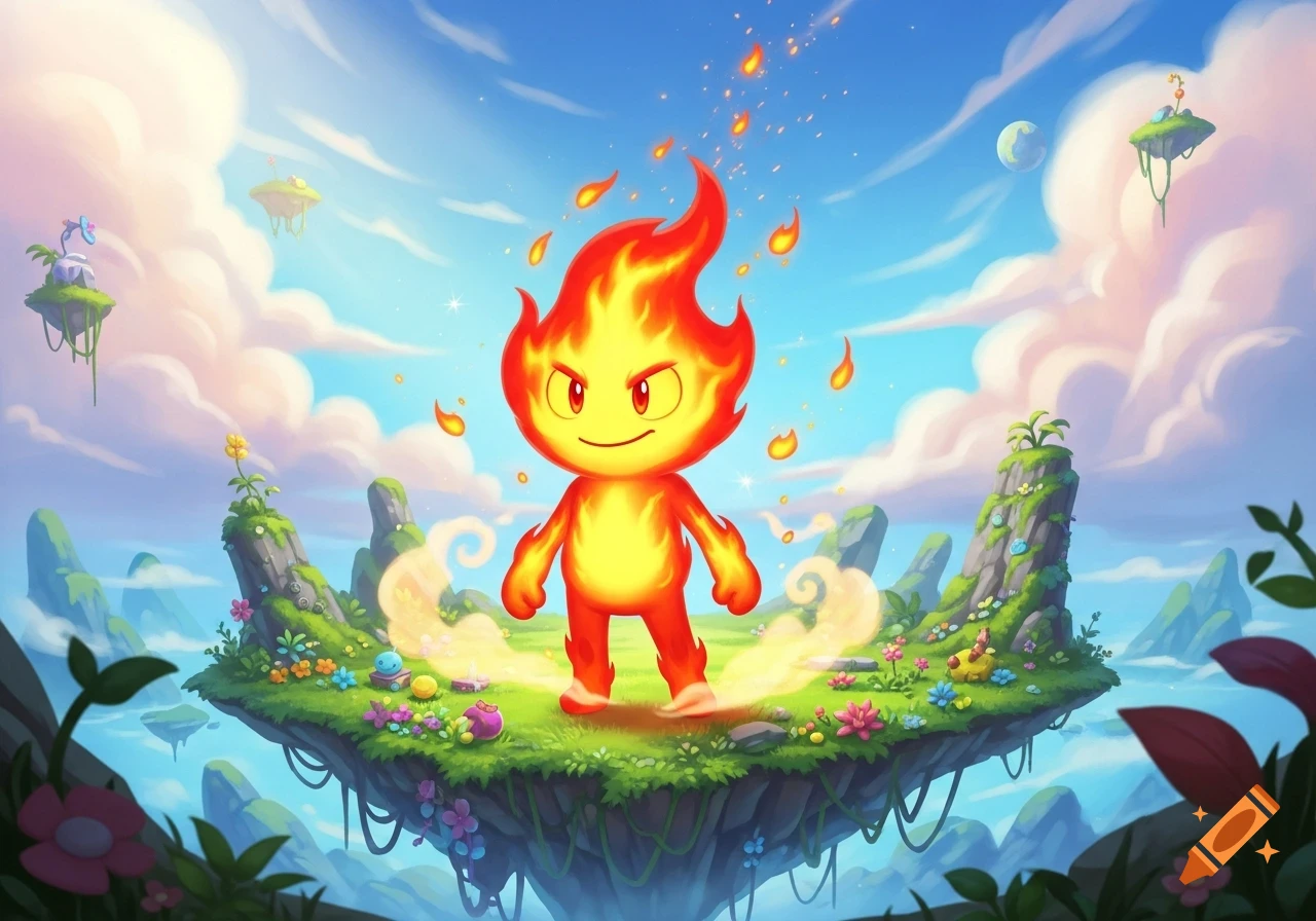 A cute, cartoonish fire elemental with a smiling face stands on a ...