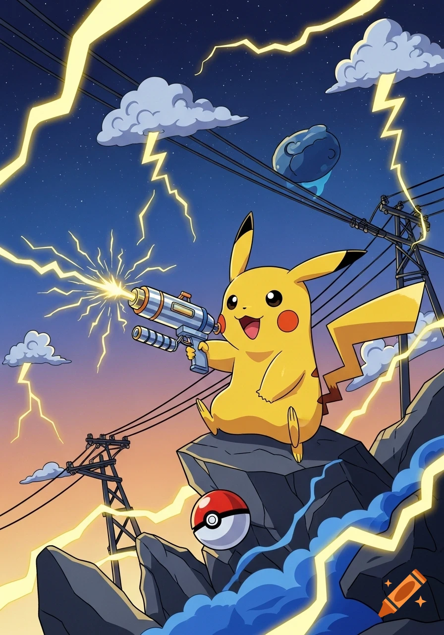 Pikachu sits on rocks, firing a laser gun while lightning flashes ...