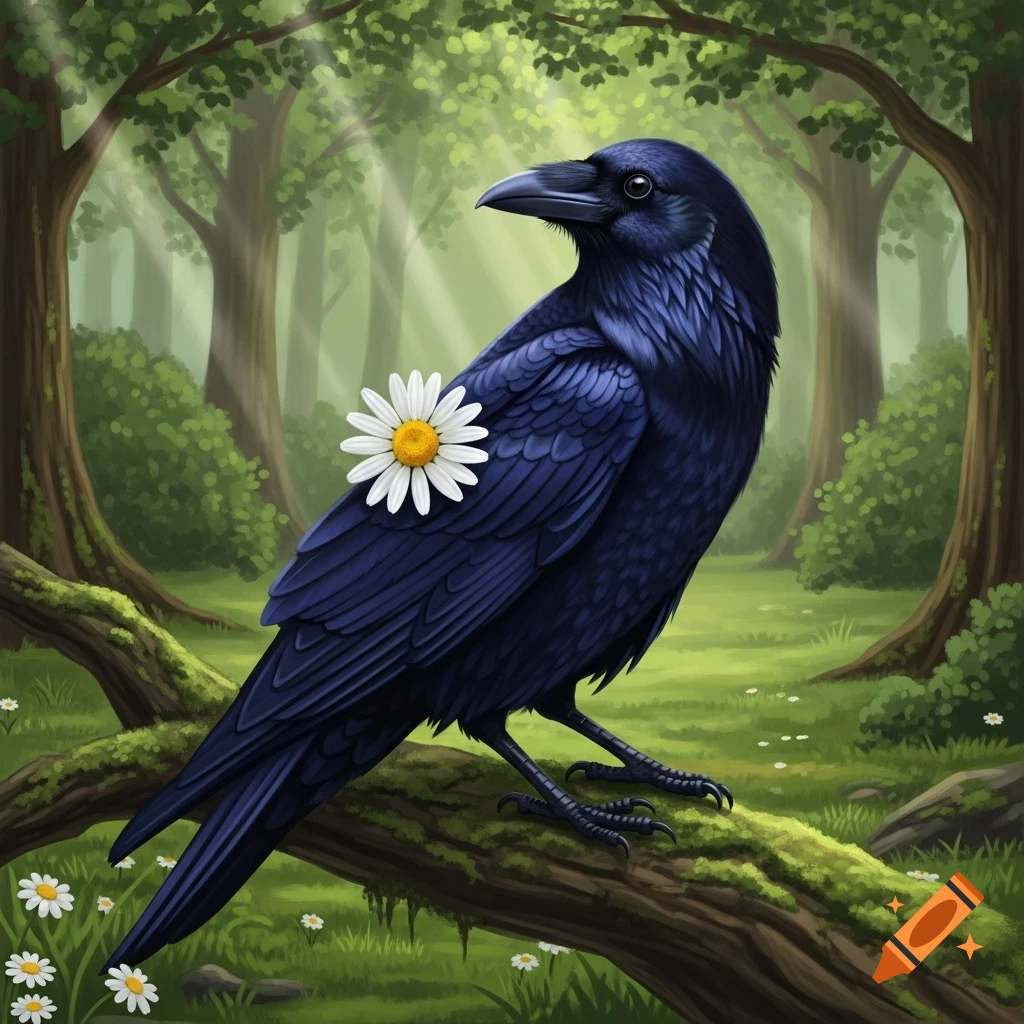 A black raven with a white daisy on its wing perches on a mossy branch ...