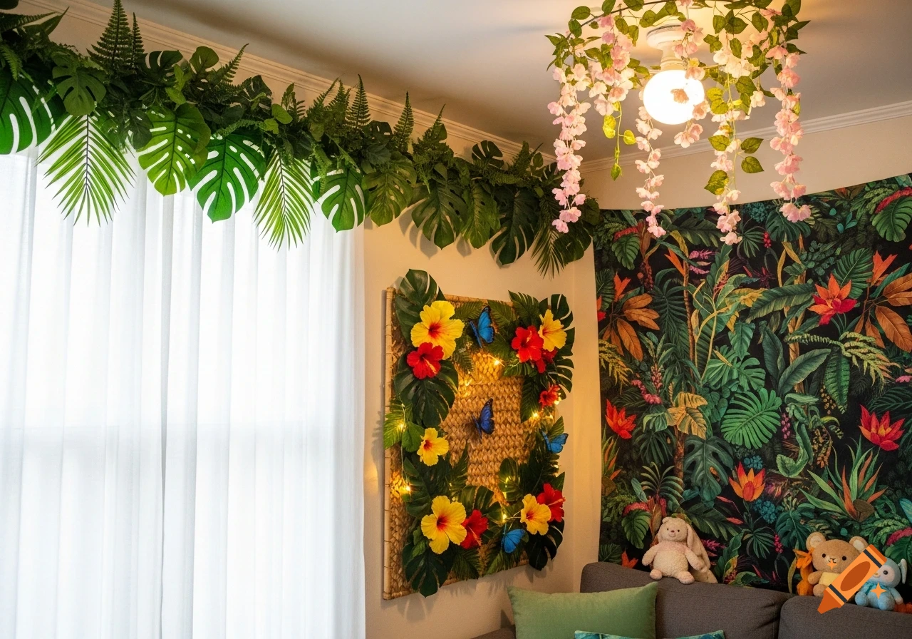 Cozy tropical living room corner with green garlands, a rattan wall ...