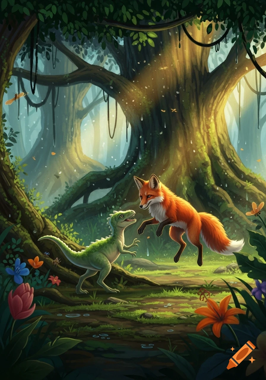A vibrant illustration of a fox and a dinosaur interacting in a lush ...