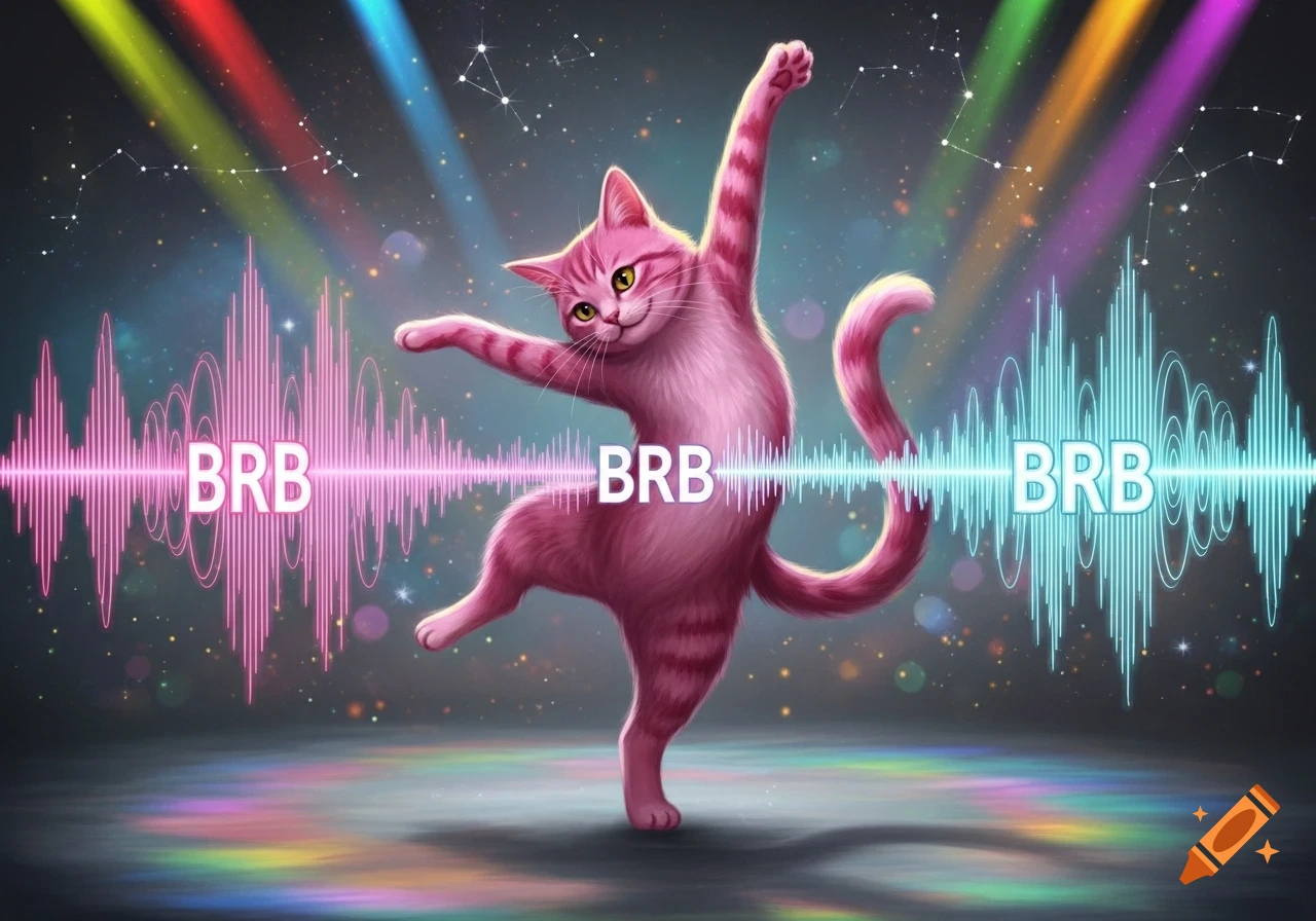 A vibrant pink striped cat dances on a stage with glowing sound waves ...