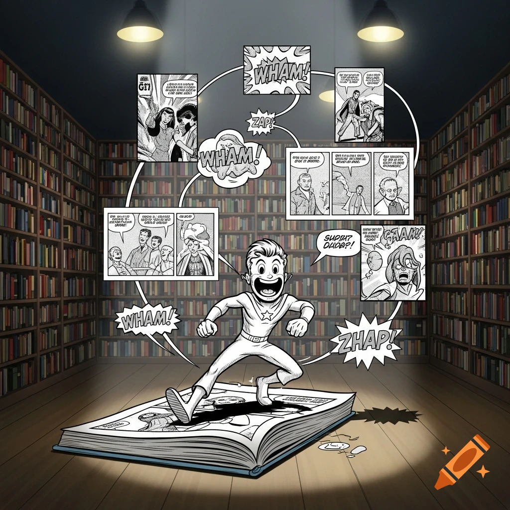 A cartoon superhero bursts from an open comic book on a library floor ...