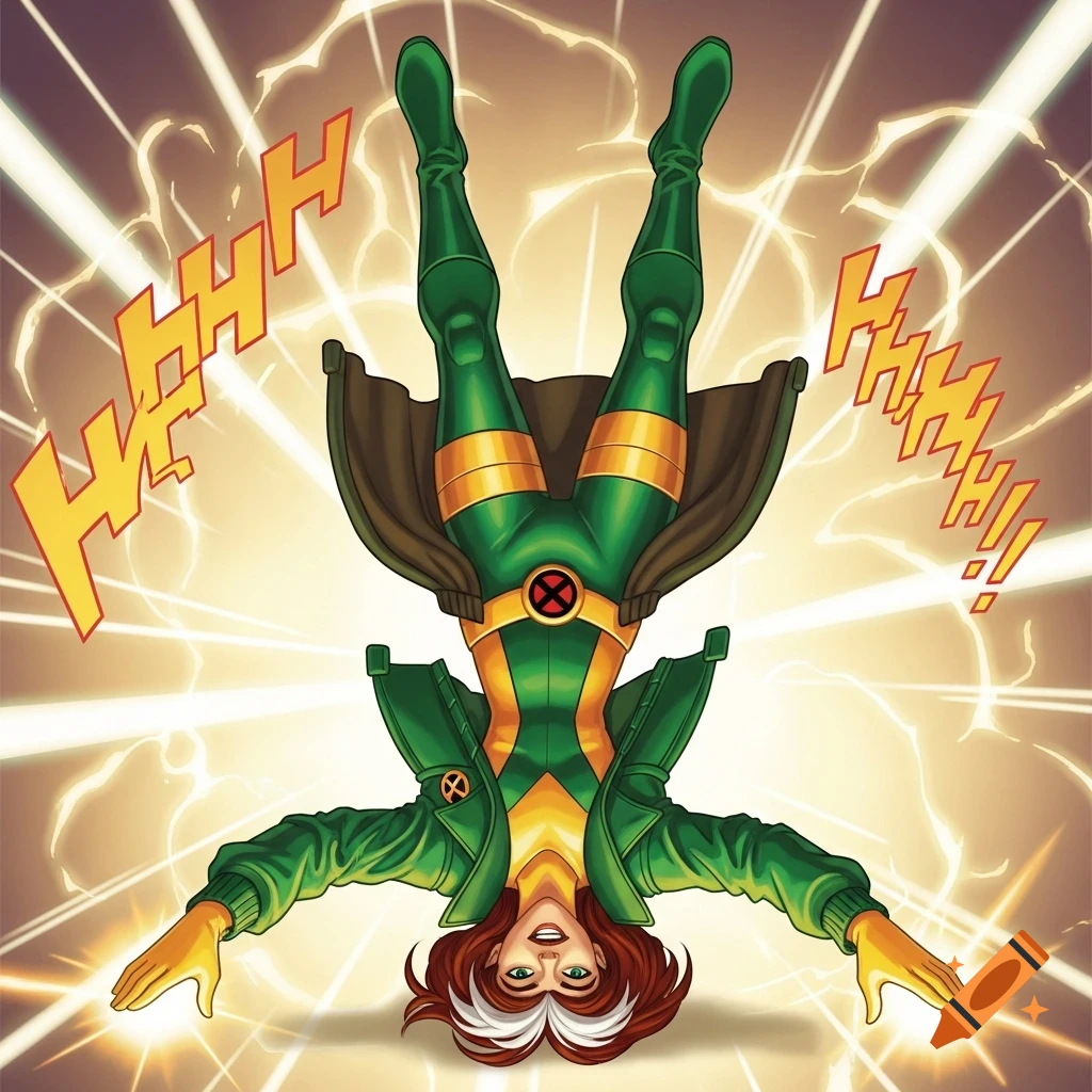 Rogue from X-Men, dressed in green and gold, hangs upside down amidst a ...