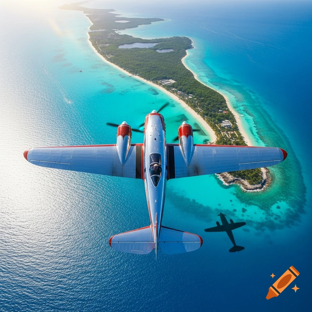 Dramatic aerial view of a vintage propeller airplane flying over a ...