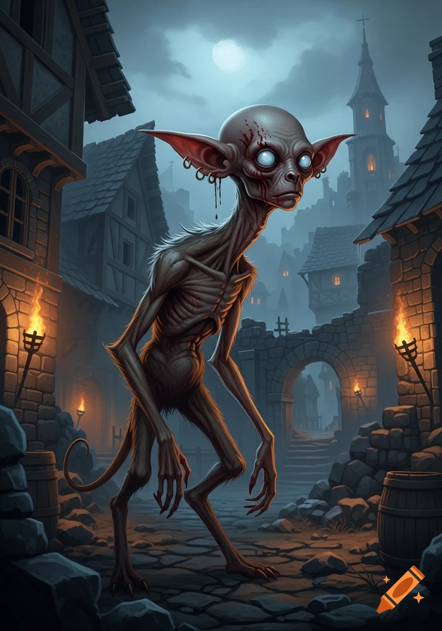 A gaunt, pale-skinned monster with large blue eyes, pointy ears with ...