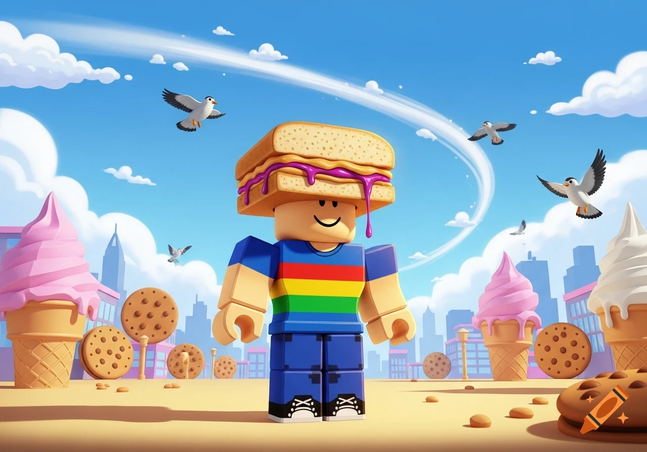 A stylized Roblox noob character with a peanut butter and jelly ...